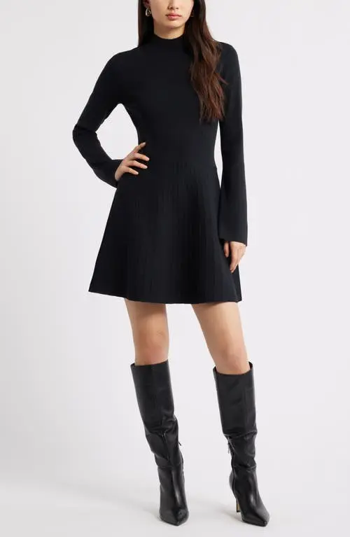 OPEN EDIT Mock Neck Long Sleeve Sweater Dress - Black