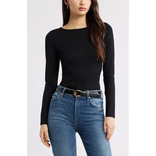 OPEN EDIT Cowl Back Long Sleeve Shirt - Black