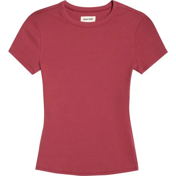 OPEN EDIT Rib Short Sleeve Shirt - Red Ruby