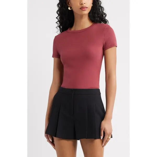 OPEN EDIT Rib Short Sleeve Shirt - Red Ruby
