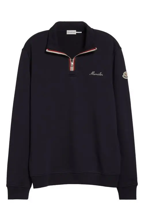 Moncler Embroidered Logo Patch Fleece Quarter Zip Sweatshirt - Navy Blue