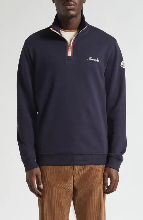 Moncler Embroidered Logo Patch Fleece Quarter Zip Sweatshirt - Navy Blue