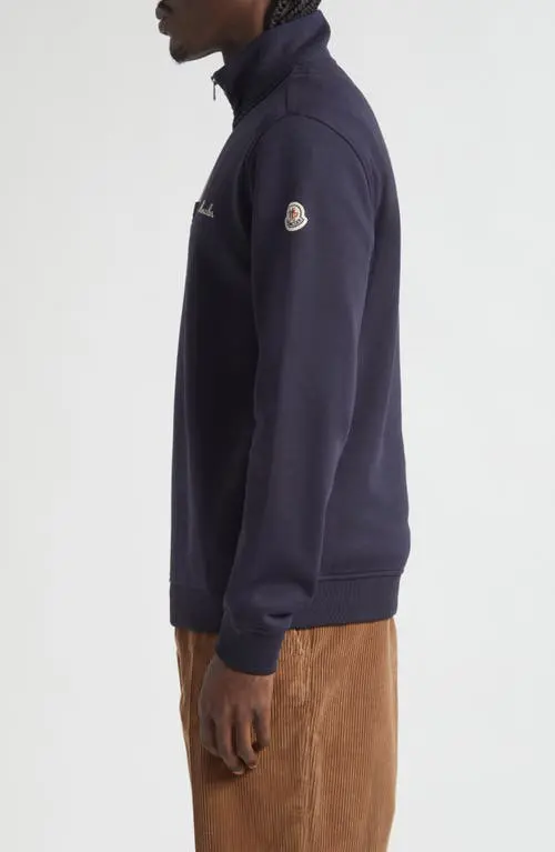 Moncler Embroidered Logo Patch Fleece Quarter Zip Sweatshirt - Navy Blue