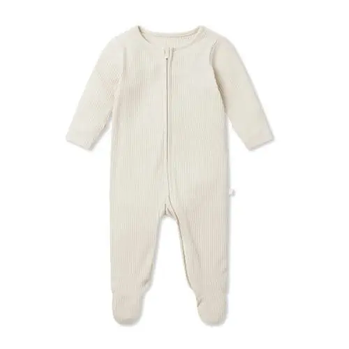 MORI Ribbed Two-way Zip-up Sleepsuit - Ecru