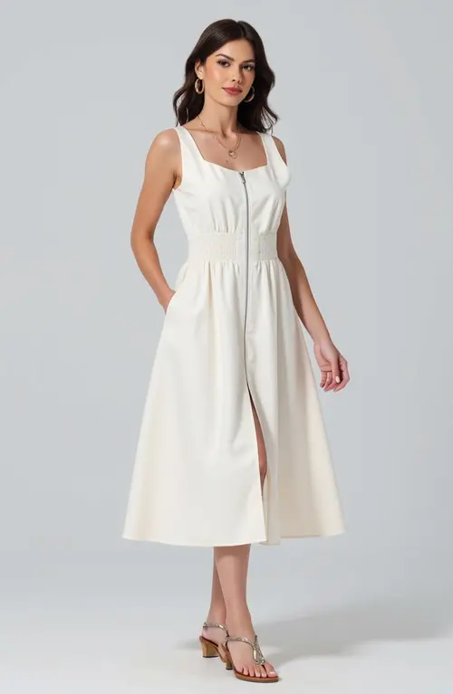 MODENAIRE Sleeveless Midi Dress With Smocked Waist