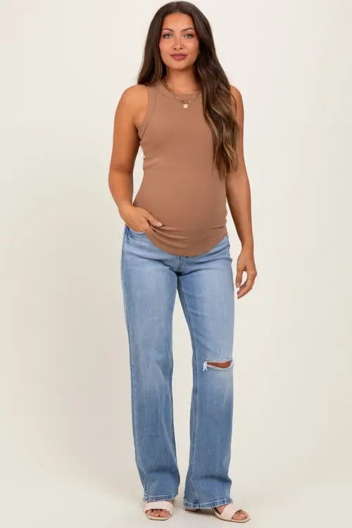 PINKBLUSH Distressed Knee Slim Fit Wide Leg Maternity Jeans - Light Blue