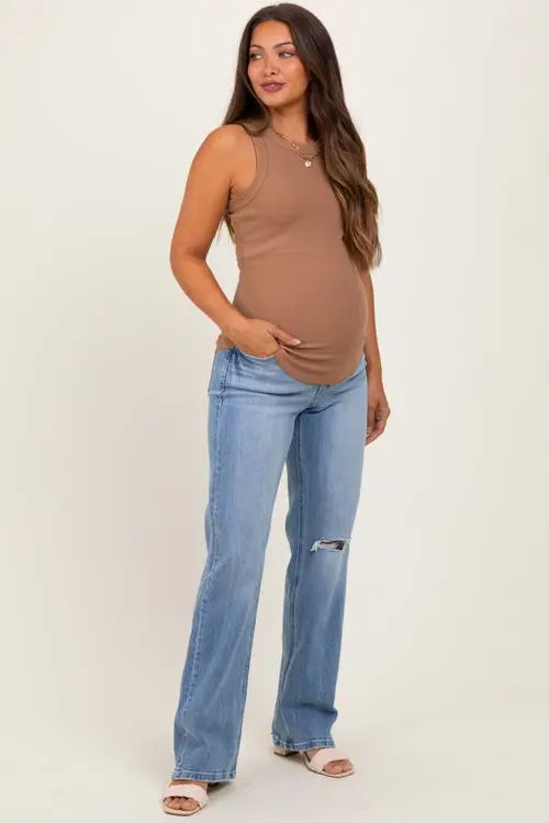 PINKBLUSH Distressed Knee Slim Fit Wide Leg Maternity Jeans - Light Blue