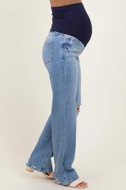 PINKBLUSH Distressed Knee Slim Fit Wide Leg Maternity Jeans - Light Blue