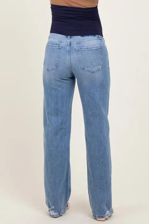 PINKBLUSH Distressed Knee Slim Fit Wide Leg Maternity Jeans - Light Blue