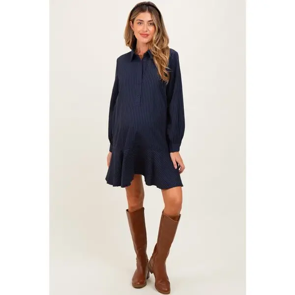 PINKBLUSH Striped Long Sleeve Drop Waist Polo Dress - Navy Blue