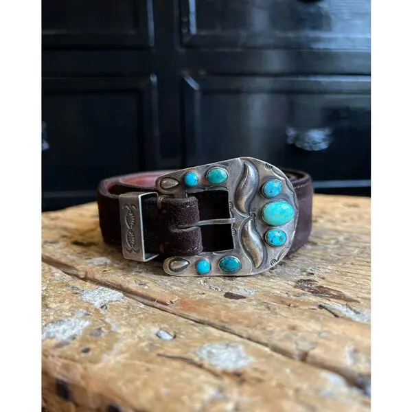 FORTELA Suede Leather Belt With Turquoise Buckle - Brown