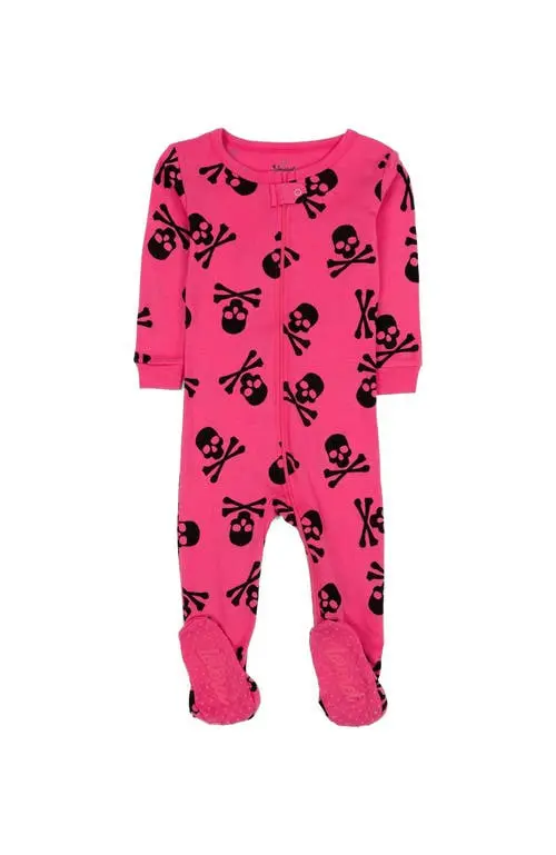 LEVERET Footed Cotton Halloween Pajamas - Pink Skulls