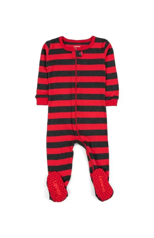 LEVERET Footed Printed Cotton Pajamas - Striped Red & Gray