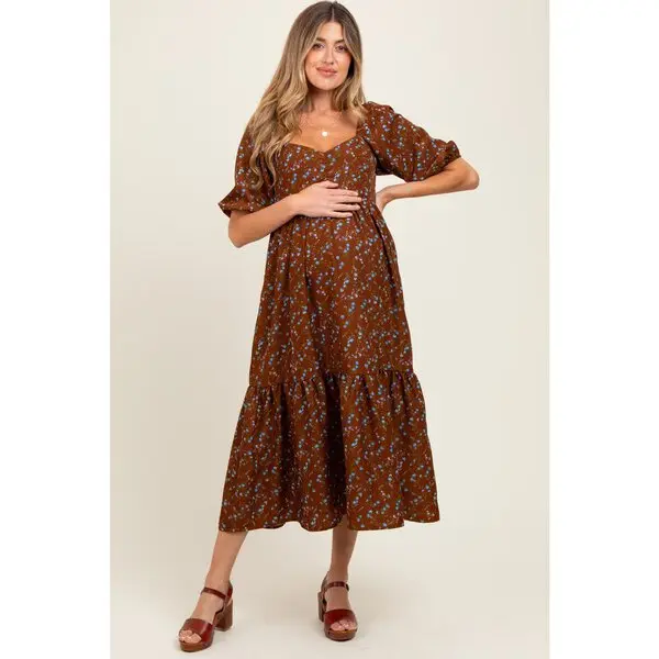 PINKBLUSH Floral Sweetheart Puff Sleeve Midi Dress - Mocha