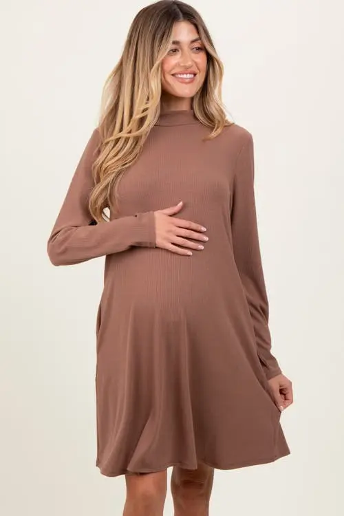PINKBLUSH Ribbed Mock Neck Long Sleeve Dress