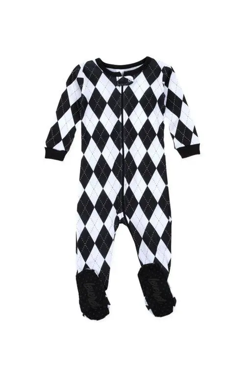 LEVERET Footed Printed Cotton Family Holiday Pajamas - Argyle Black & White