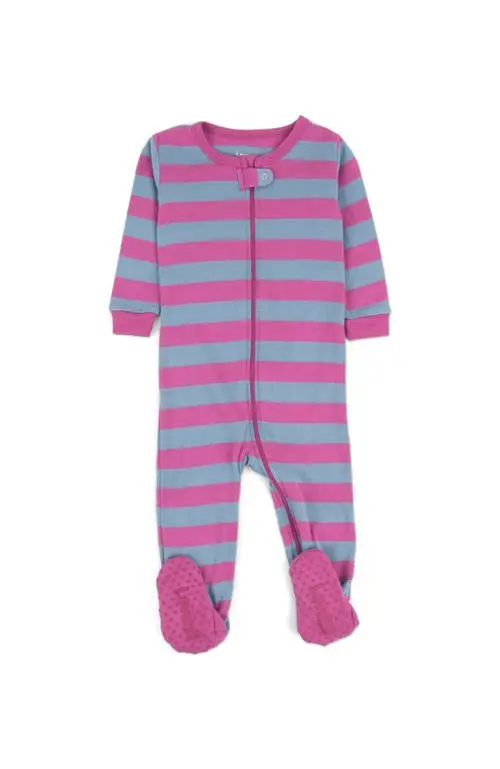 LEVERET Striped Cotton Footed Pajamas - Purple & Denim