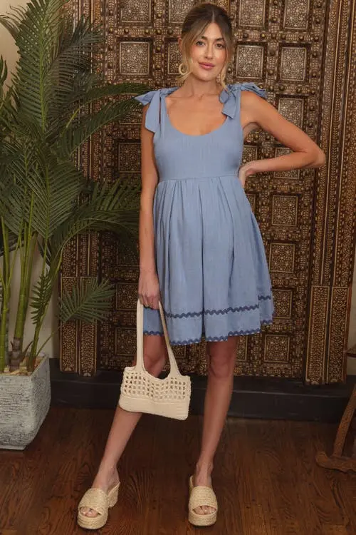 PINKBLUSH Shoulder Bow Tie Pleated Mini Dress