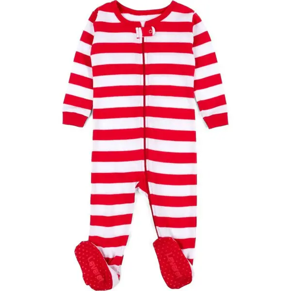 LEVERET Footed Striped Cotton Holiday Pajamas - Red & White
