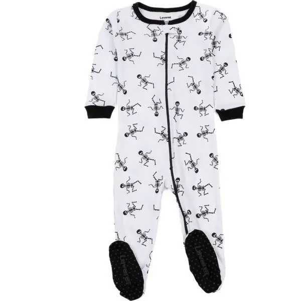 LEVERET Halloween Footed Cotton Pajamas - White Skeleton