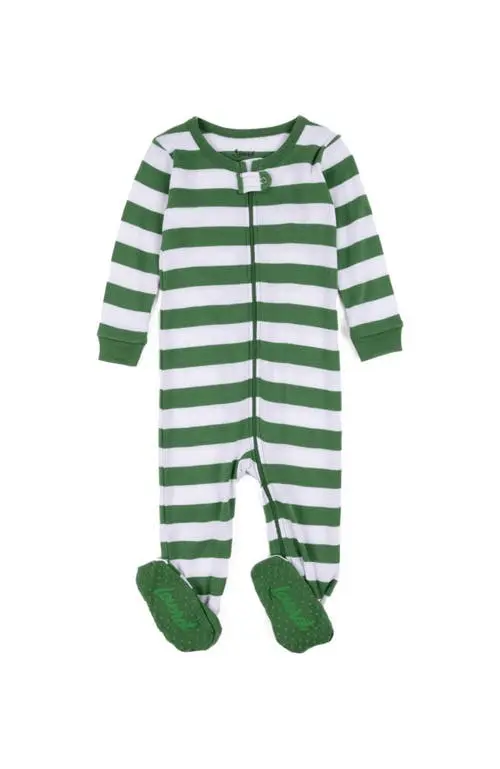LEVERET Striped Footed Cotton Pajamas - Green & White