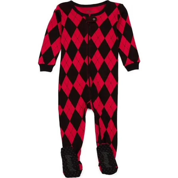 LEVERET Printed Cotton Family Pajamas - Argyle Black & Red