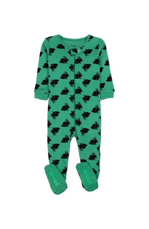 LEVERET Footed Cotton Matching Family Pajamas - Bunny Green