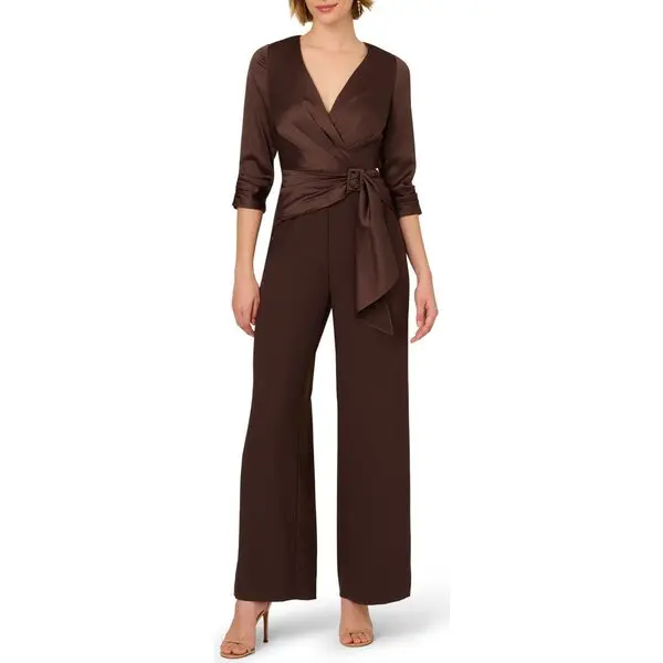 Adrianna Papell Belted Satin Jumpsuit - Dark Brown