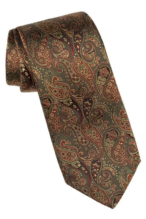 ELIZABETTA Paisley Silk Jacquard Neck Tie - Olive Green
