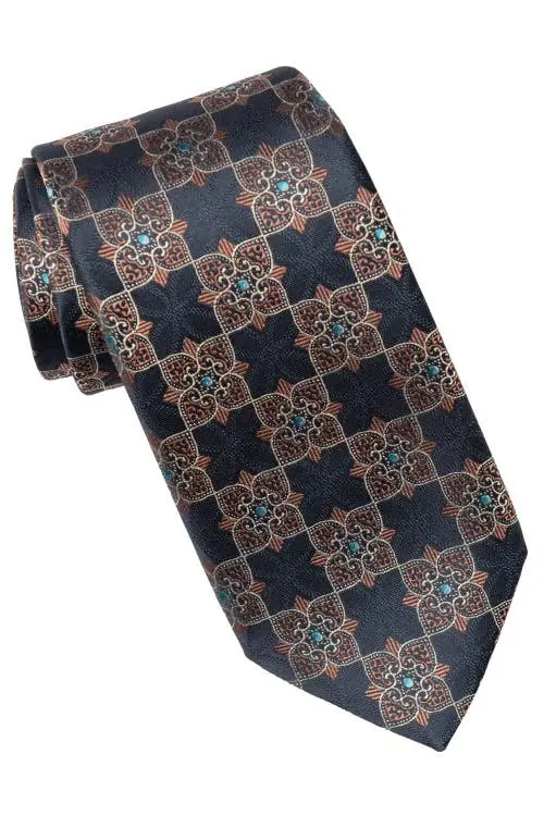 ELIZABETTA Amalfi Extra Long Silk Jacquard Neck Tie - Navy And Copper Rose
