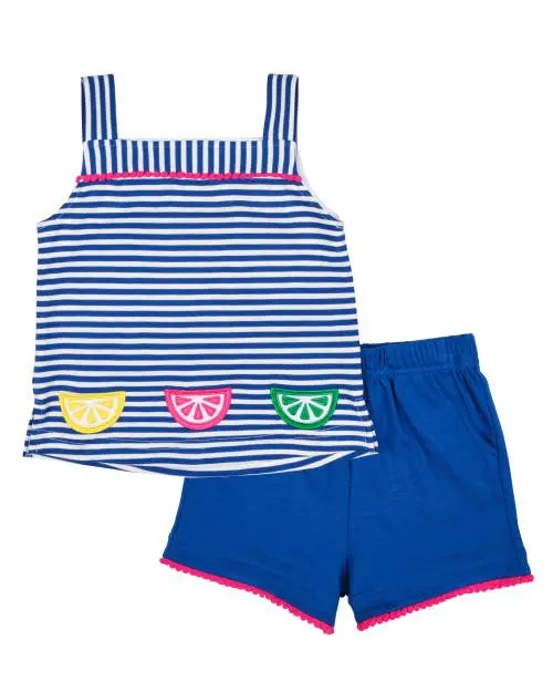 FLORENCE EISEMAN Stripe Knit Short Set With Appliqué Fruit Slices - Royal/white