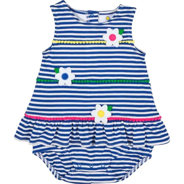 FLORENCE EISEMAN Stripe Knit Romper With Appliqué Flowers And Pom-pom Trim - Royal/white