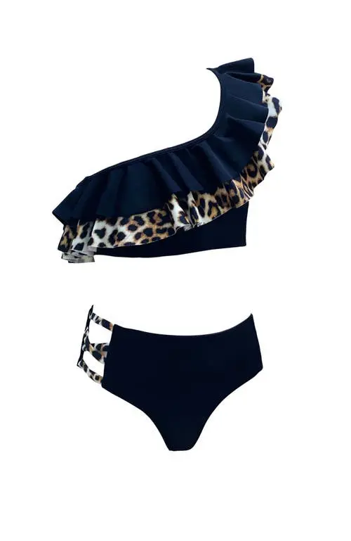 NESSI BYRD Leopard-trim One-shoulder Ruffle Bikini - Black