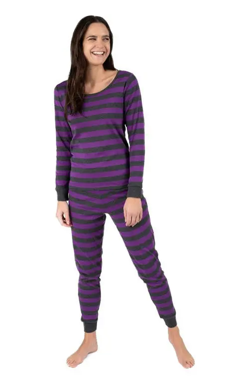LEVERET Cotton Striped Matching Family Pajamas - Purple & Dark Gray
