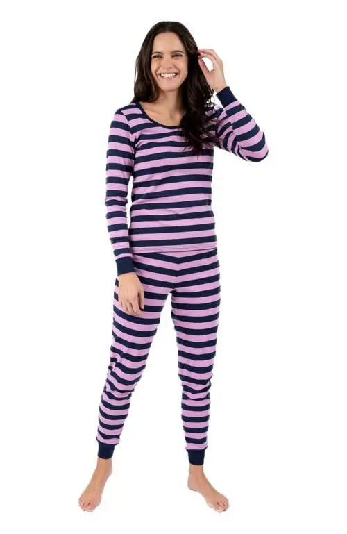 LEVERET Cotton Striped Matching Family Pajamas - Purple & Navy