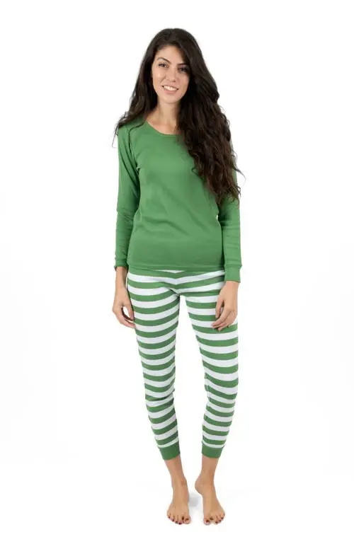 LEVERET Cotton Striped Matching Family Holiday Pajamas - Solid Green Top & Striped Pant