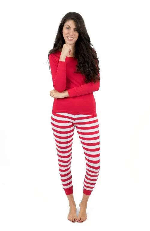 LEVERET Cotton Striped Matching Family Holiday Pajamas - Solid Red Top & Striped Pant