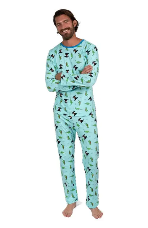 LEVERET Loose Fit Cotton Matching Family Pajamas - Dinosaur Blue