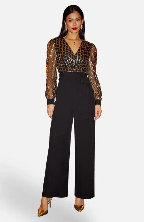 YUMI Sequin Wrap Over Jumpsuit - Black