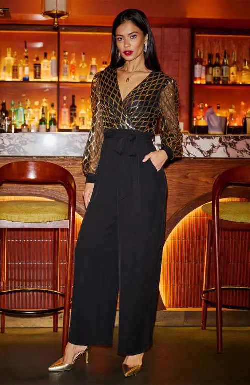 YUMI Sequin Wrap Over Jumpsuit - Black