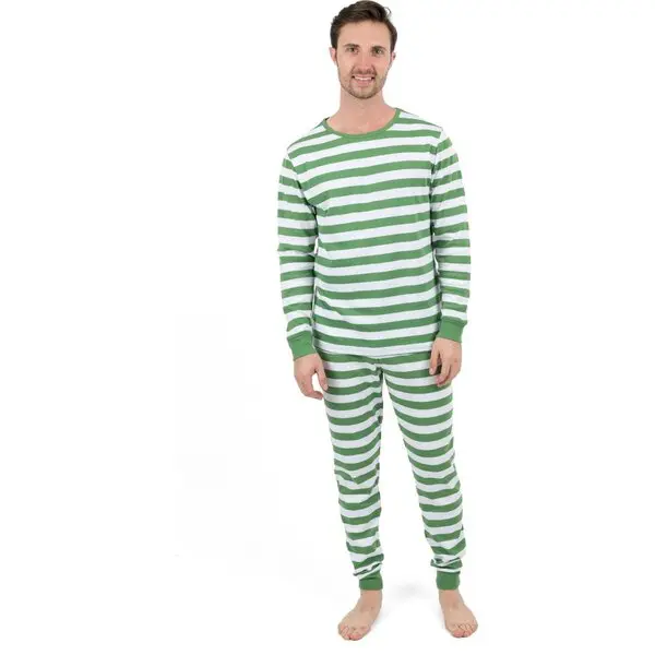 LEVERET Cotton Striped Matching Family Holiday Pajamas - Green & White