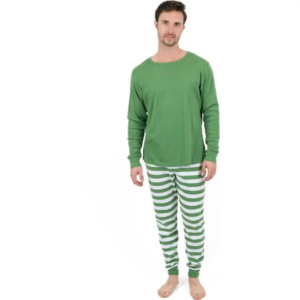 LEVERET Cotton Striped Matching Family Holiday Pajamas - Solid Green Top & Striped Pant