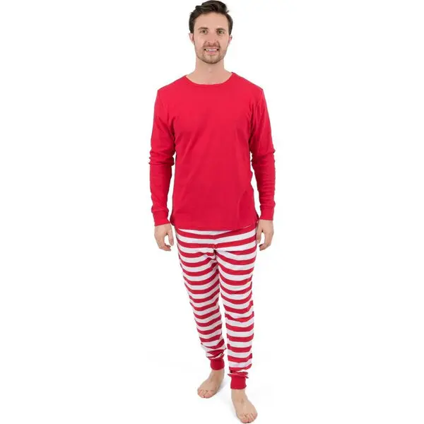 LEVERET Cotton Striped Matching Family Holiday Pajamas - Solid Red Top & Striped Pant