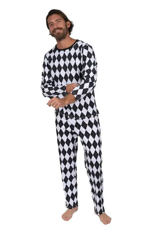 LEVERET Loose Fit Cotton Matching Family Holiday Pajamas - Argyle Black & White