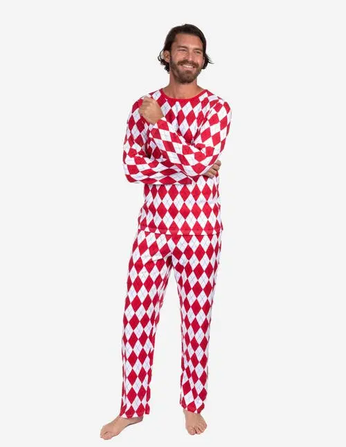 LEVERET Loose Fit Cotton Matching Family Holiday Pajamas - Argyle Red & White