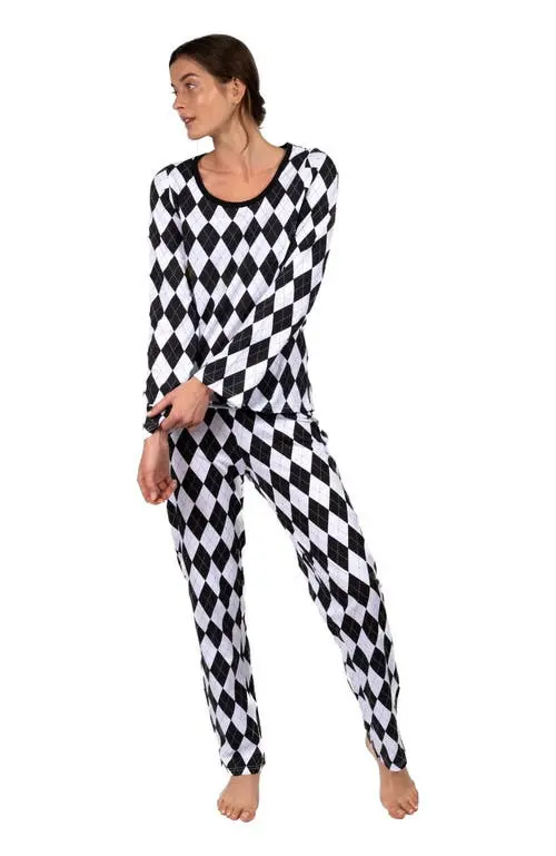 LEVERET Loose Fit Cotton Matching Family Holiday Pajamas - Argyle Black & White