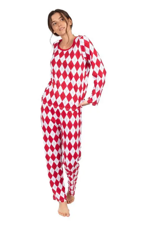 LEVERET Loose Fit Cotton Matching Family Holiday Pajamas - Argyle Red & White