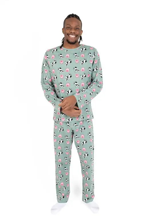 LEVERET Loose Fit Cotton Matching Family Pajamas - Cow Green