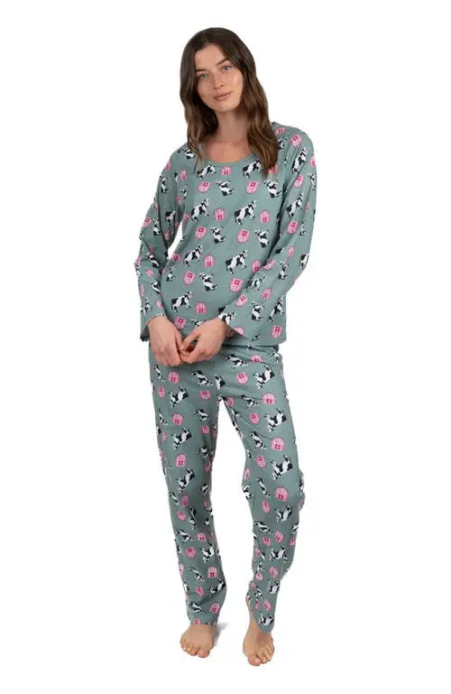 LEVERET Loose Fit Cotton Matching Family Pajamas - Cow Green