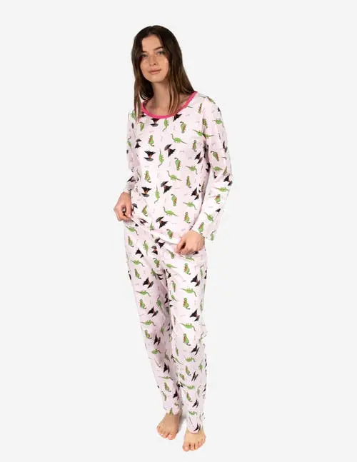 LEVERET Loose Fit Cotton Matching Family Pajamas - Dinosaur Pink